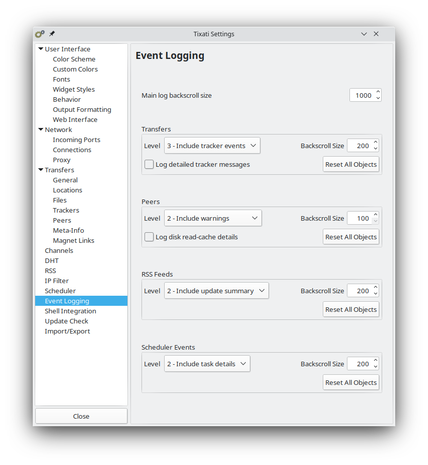 Settings Event Logging Tixati